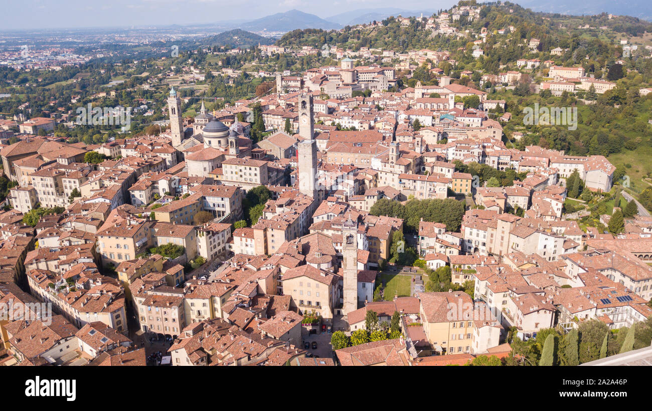 Bergamo, Italy. Amazing drone aerial view of the old town. Landscape at ...
