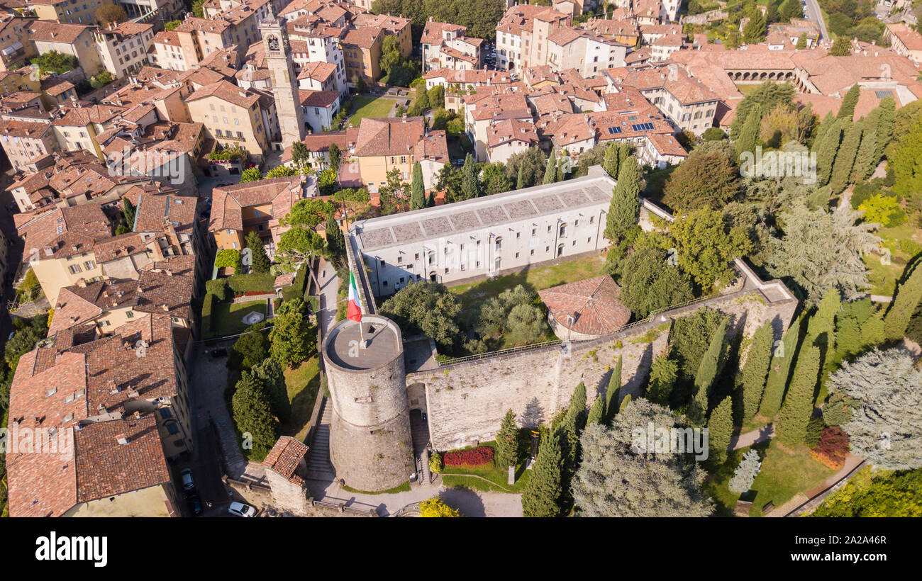 Bergamo, Italy. The old city. Drone aerial view of the fortress. One of ...