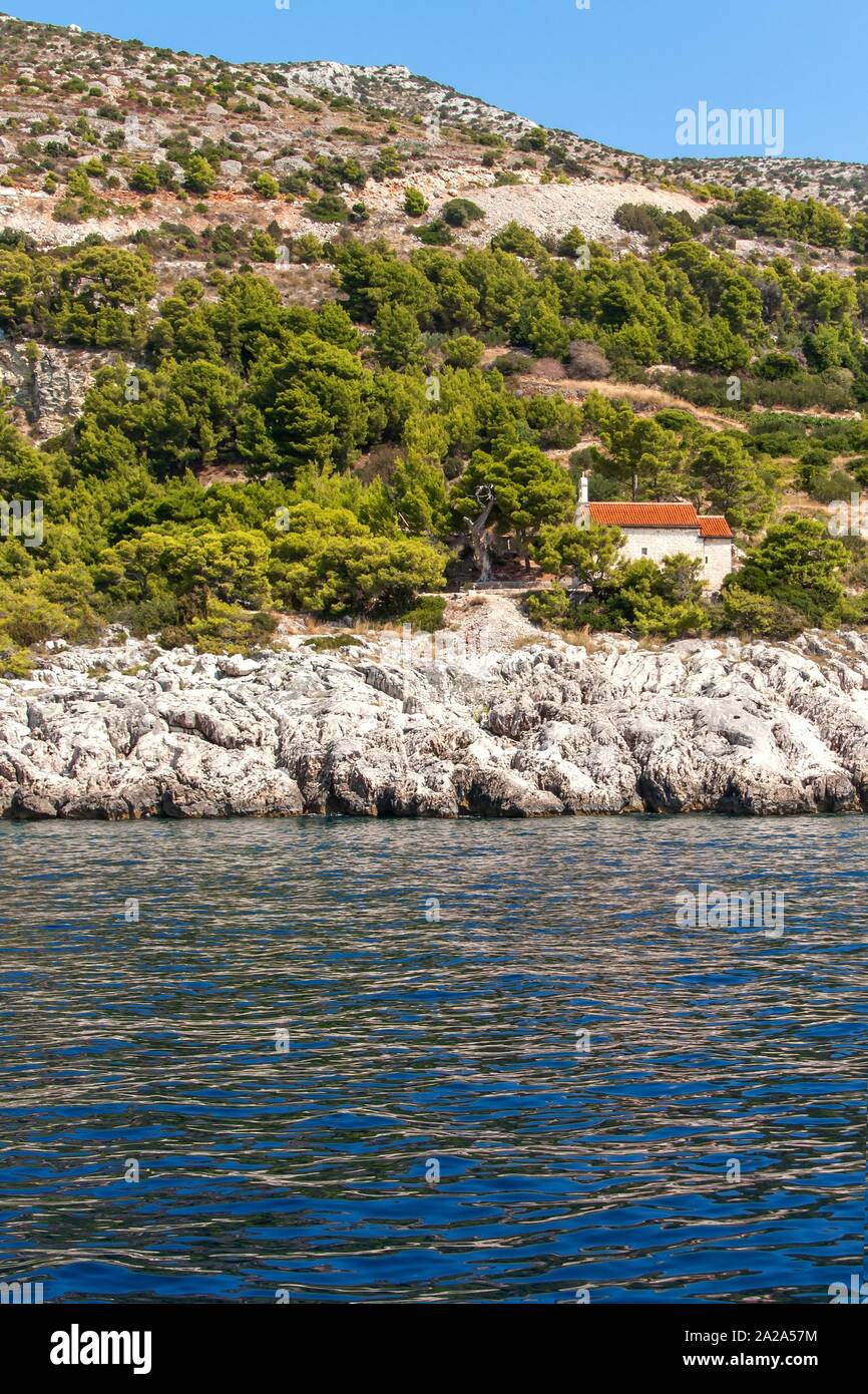 Church on the coast of Hvar island Croatia. View from the sea to the ...