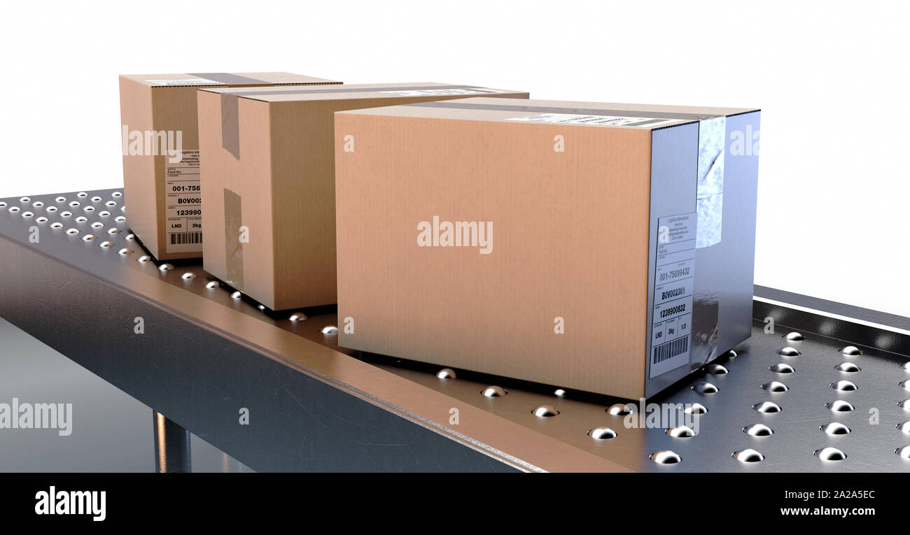 A regular roller ball conveyor system transporting good packaged in ...