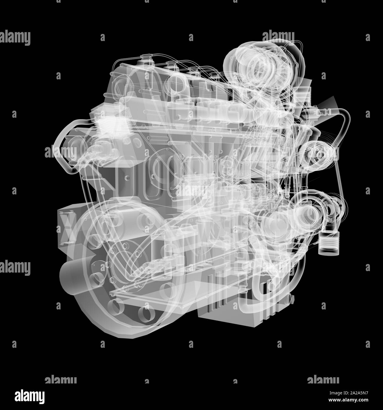 Internal combustion engine X-Ray style. Isolated on black background ...