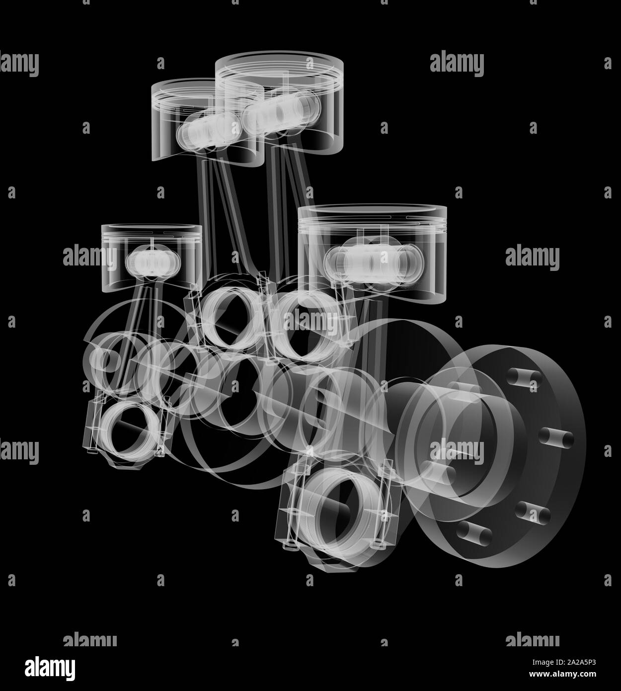 Pistons and crankshaft X-Ray style. Isolated on black background. 3D ...