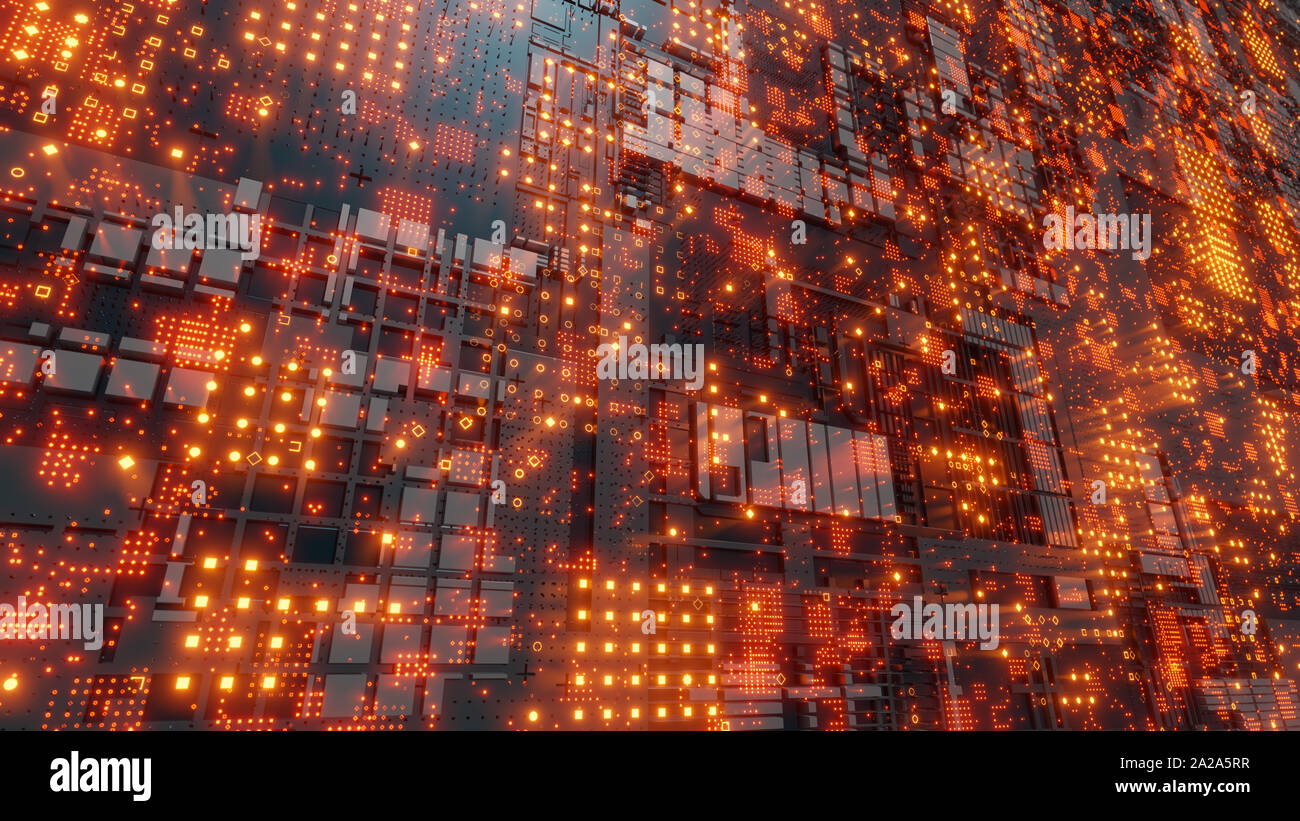 Abstract futuristic design. Tech wall with red bright elements. DOF ...