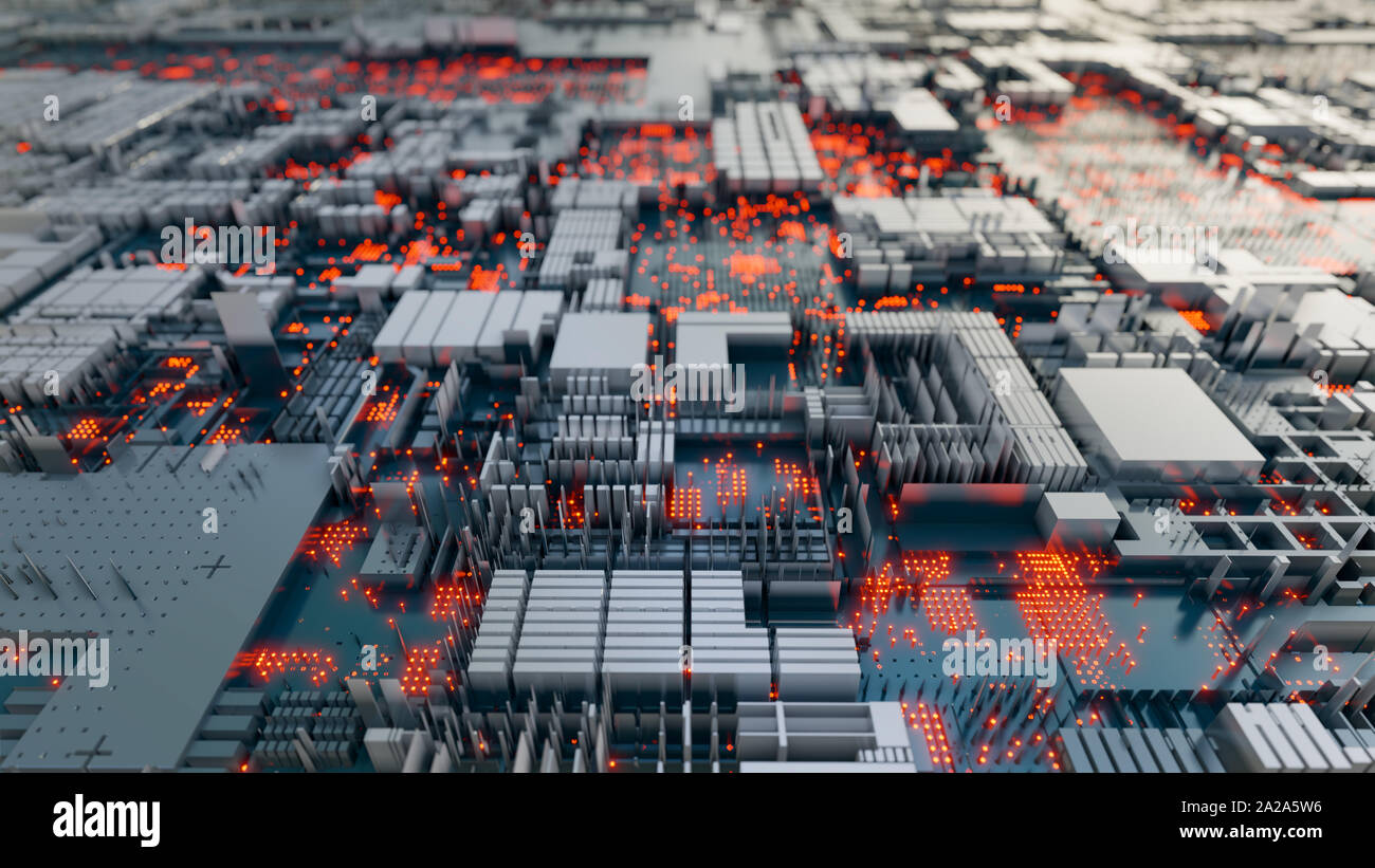 Abstract futuristic design. Tech wall with red bright elements. DOF ...