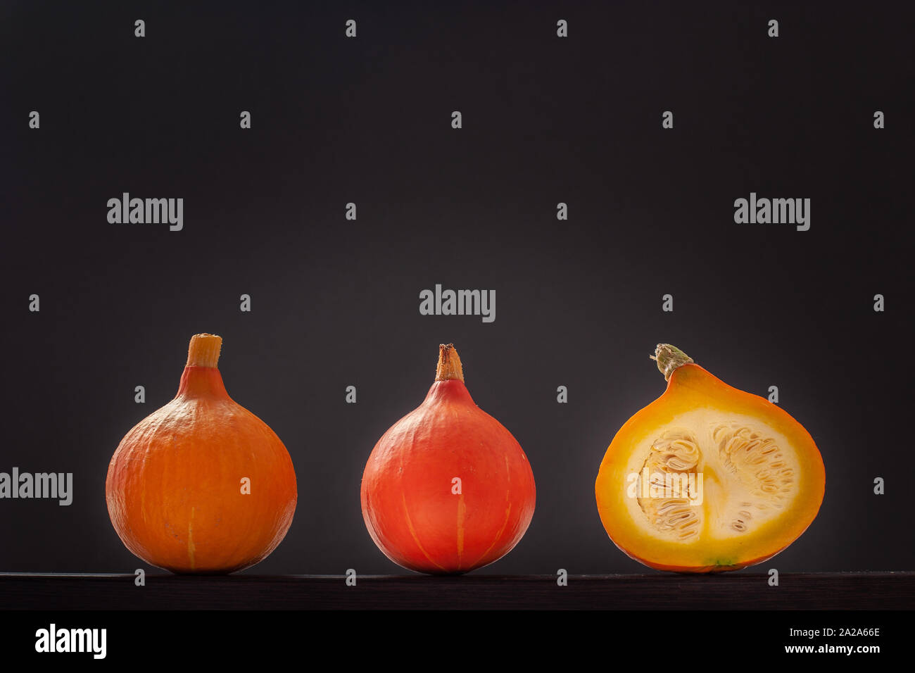 Three little pumpkins lie in a line on a gray background. One pumpkin ...