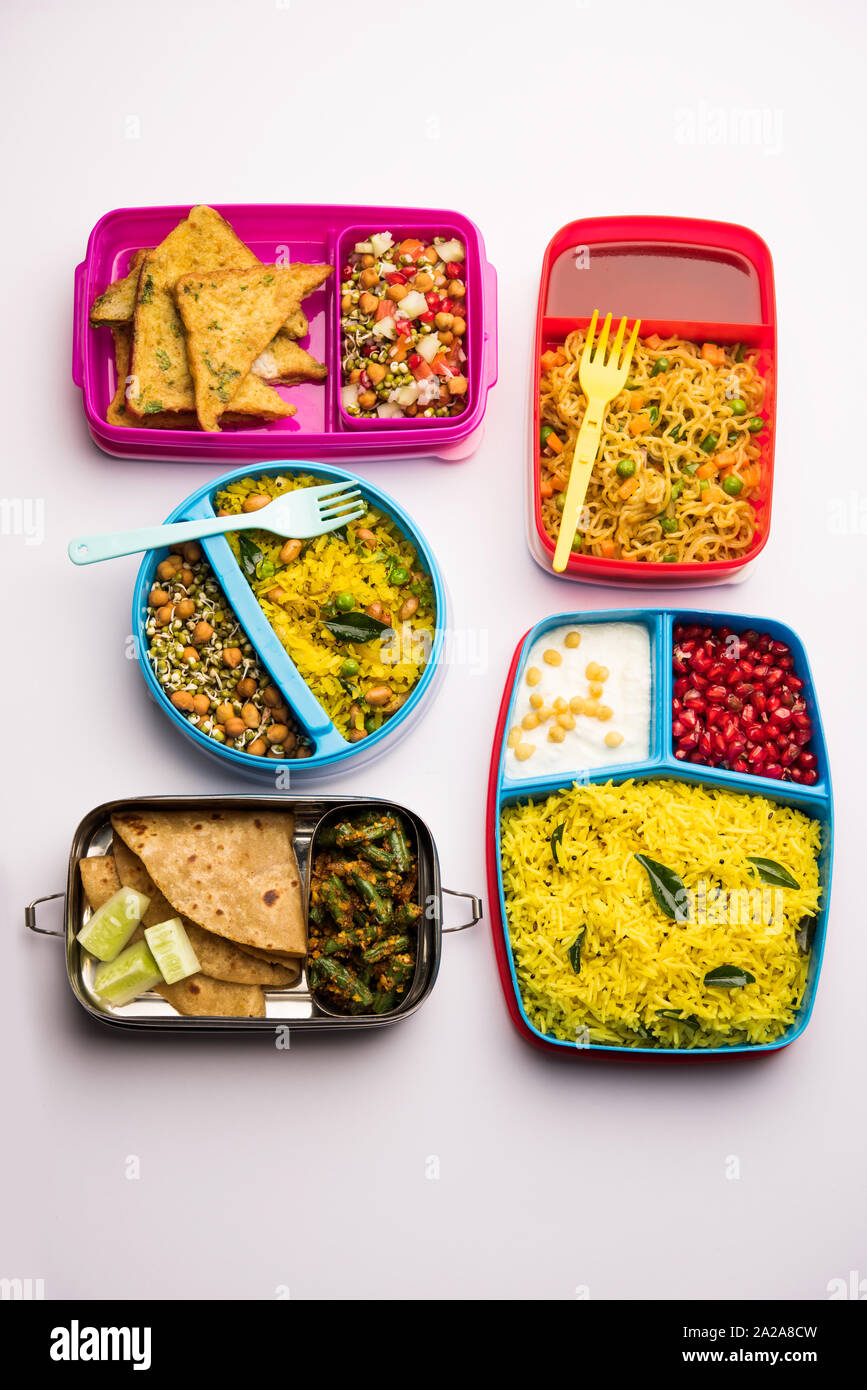 group of Lunch Box / Tiffin for Indian kids, showing variety or ...