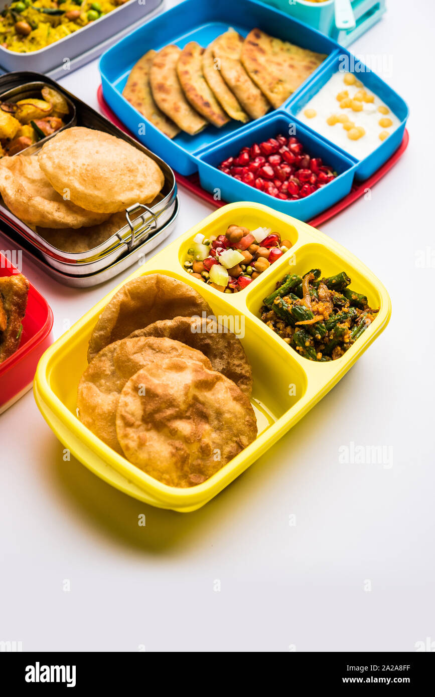 group of Lunch Box / Tiffin for Indian kids, showing variety or ...