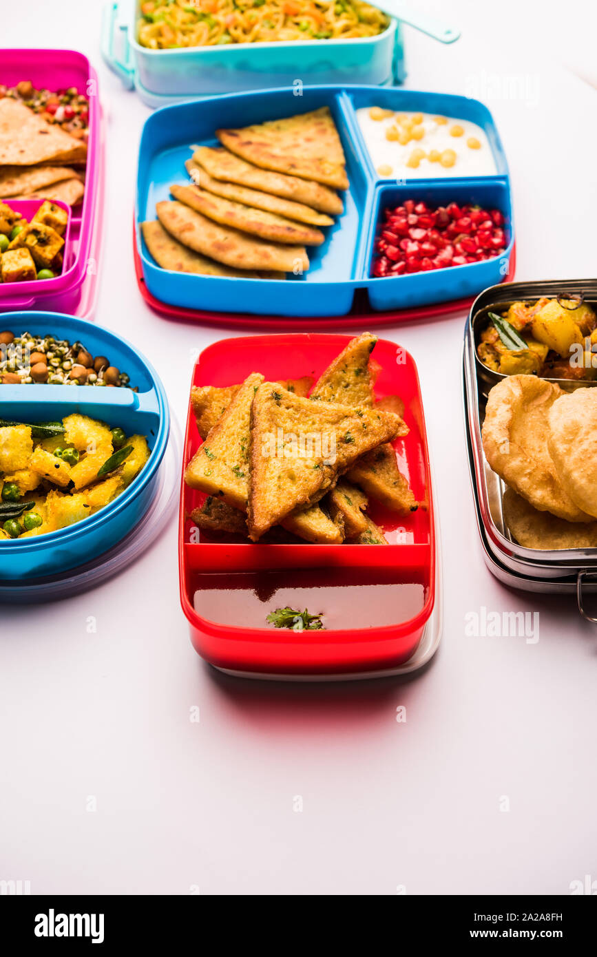 group of Lunch Box / Tiffin for Indian kids, showing variety or ...