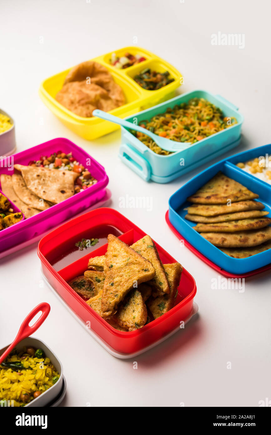 group of Lunch Box / Tiffin for Indian kids, showing variety or ...