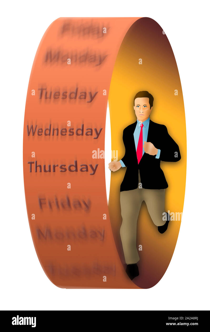 Businessman running in wheel with days of week Stock Photo - Alamy