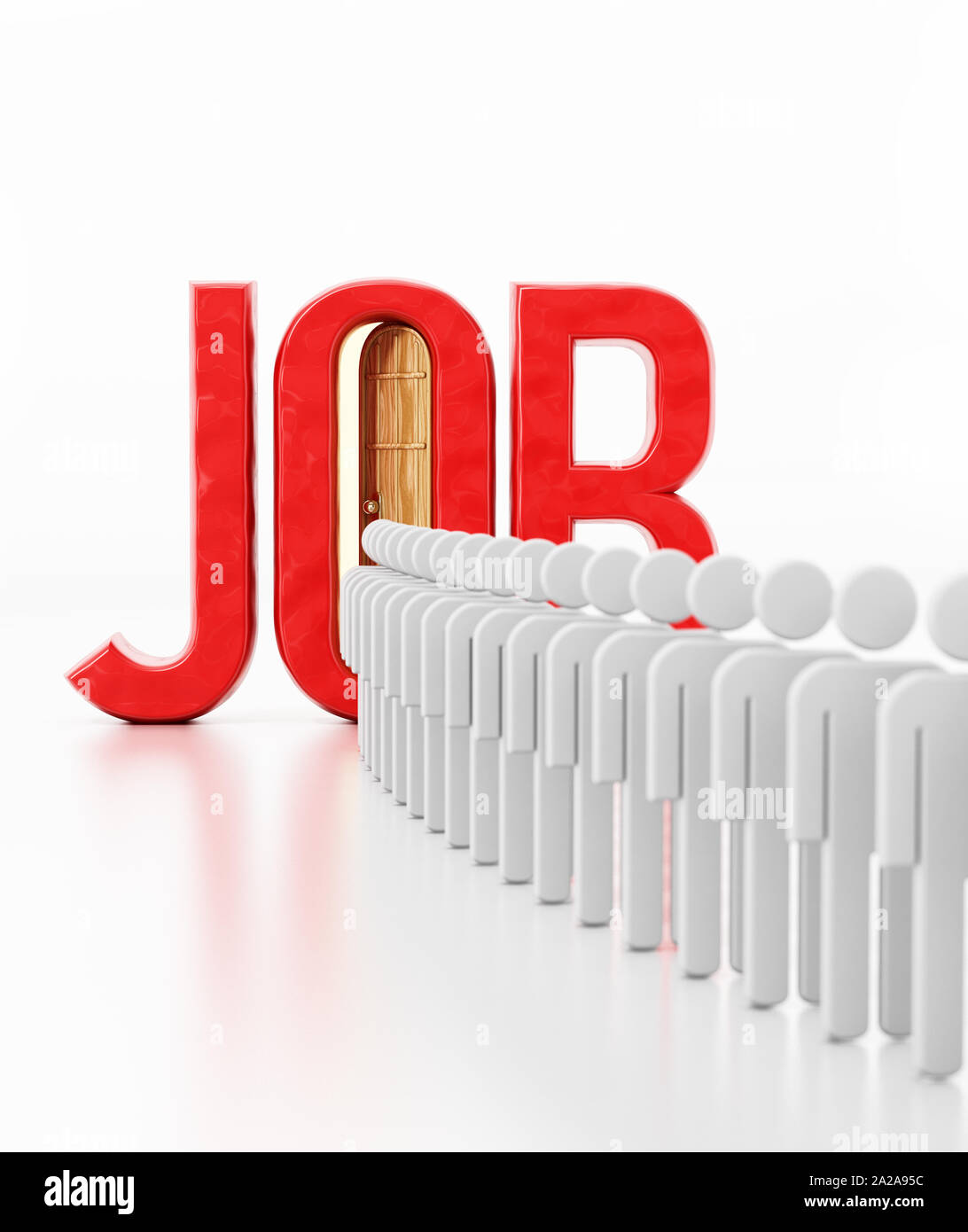 Stick figures waiting in the line leading to the job word with half ...
