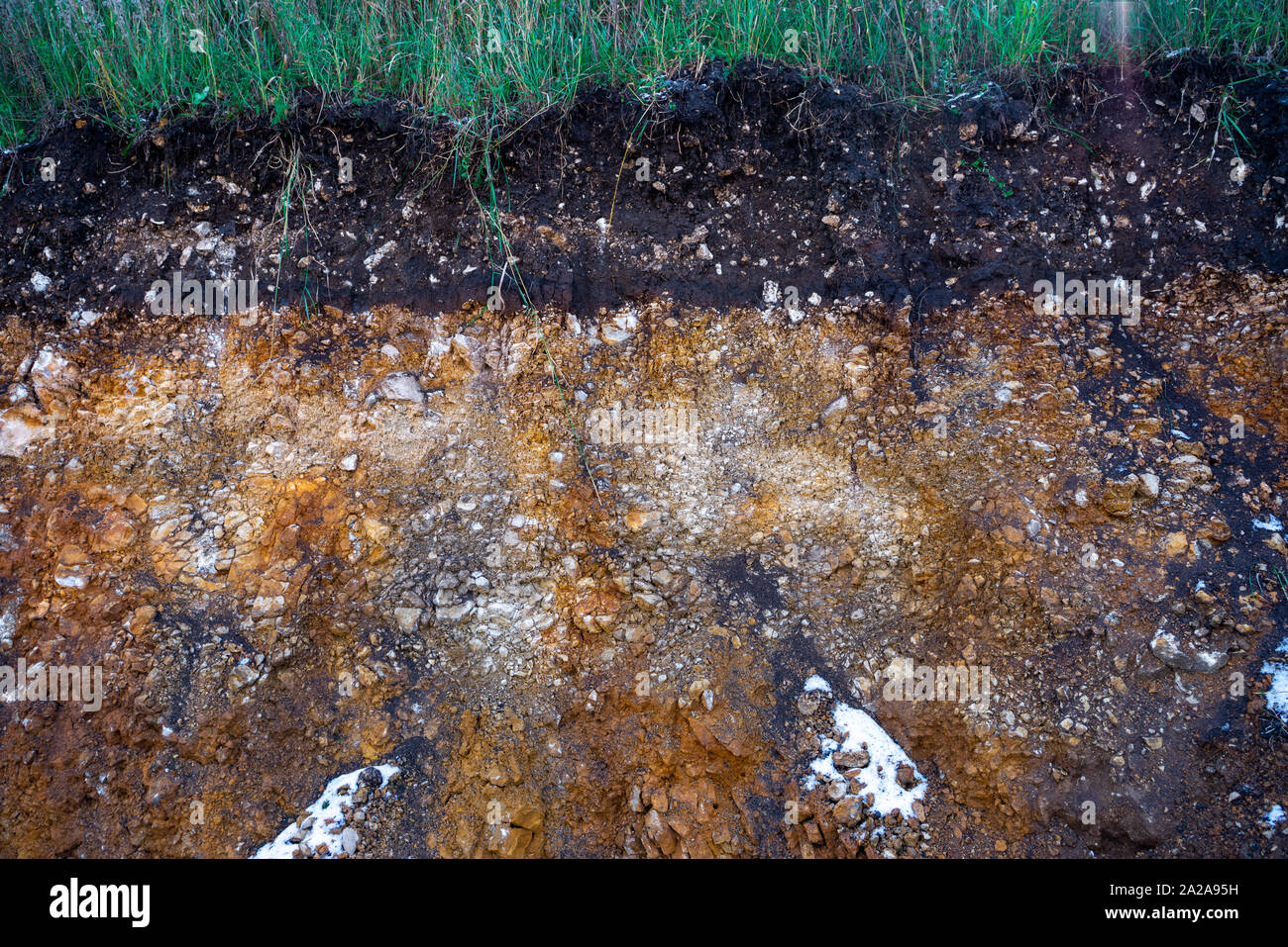 Soil cut-sandstone, stones, clay, sand structure and layers. slice of ...