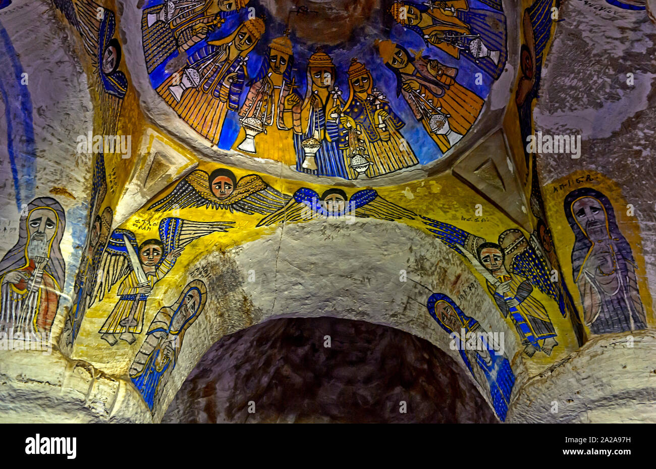 Archs decorated with frescos in the interior of the orthodox rock-hewn ...