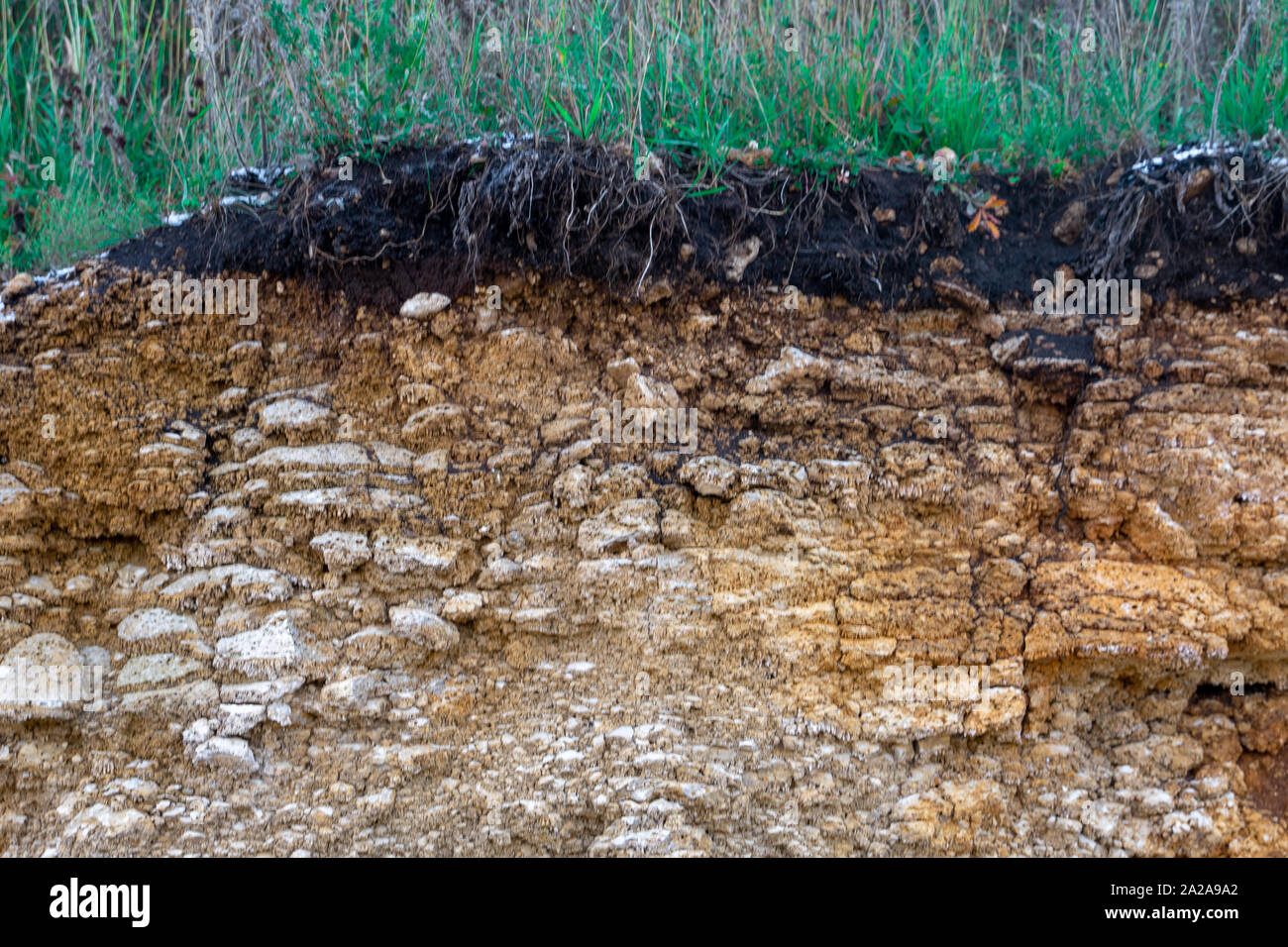 Soil cut-sandstone, stones, clay, sand structure and layers. slice of ...