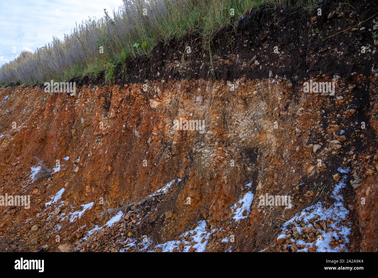 Soil cut-sandstone, stones, clay, sand structure and layers. slice of ...