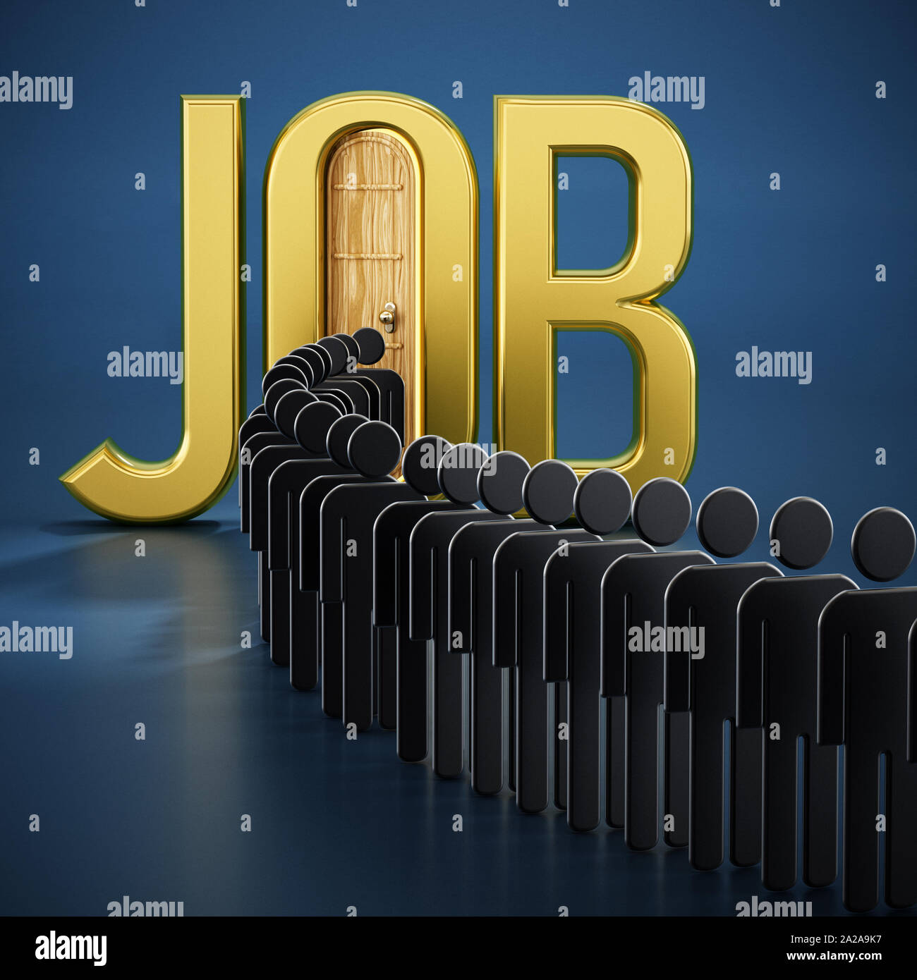 Stick figures waiting in the line leading to the job word with half ...