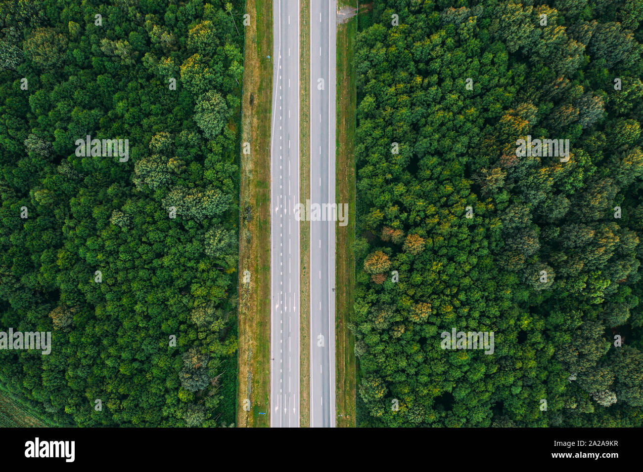 Aerial View Of Highway Road Through Green Forest Landscape In Summer ...