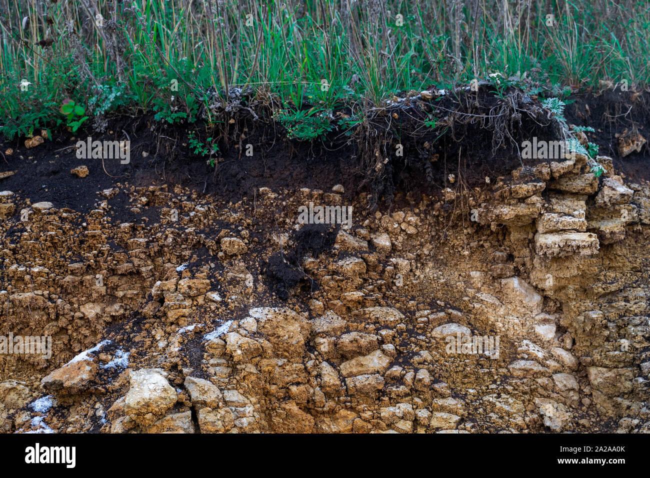 Soil cut-sandstone, stones, clay, sand structure and layers. slice of ...
