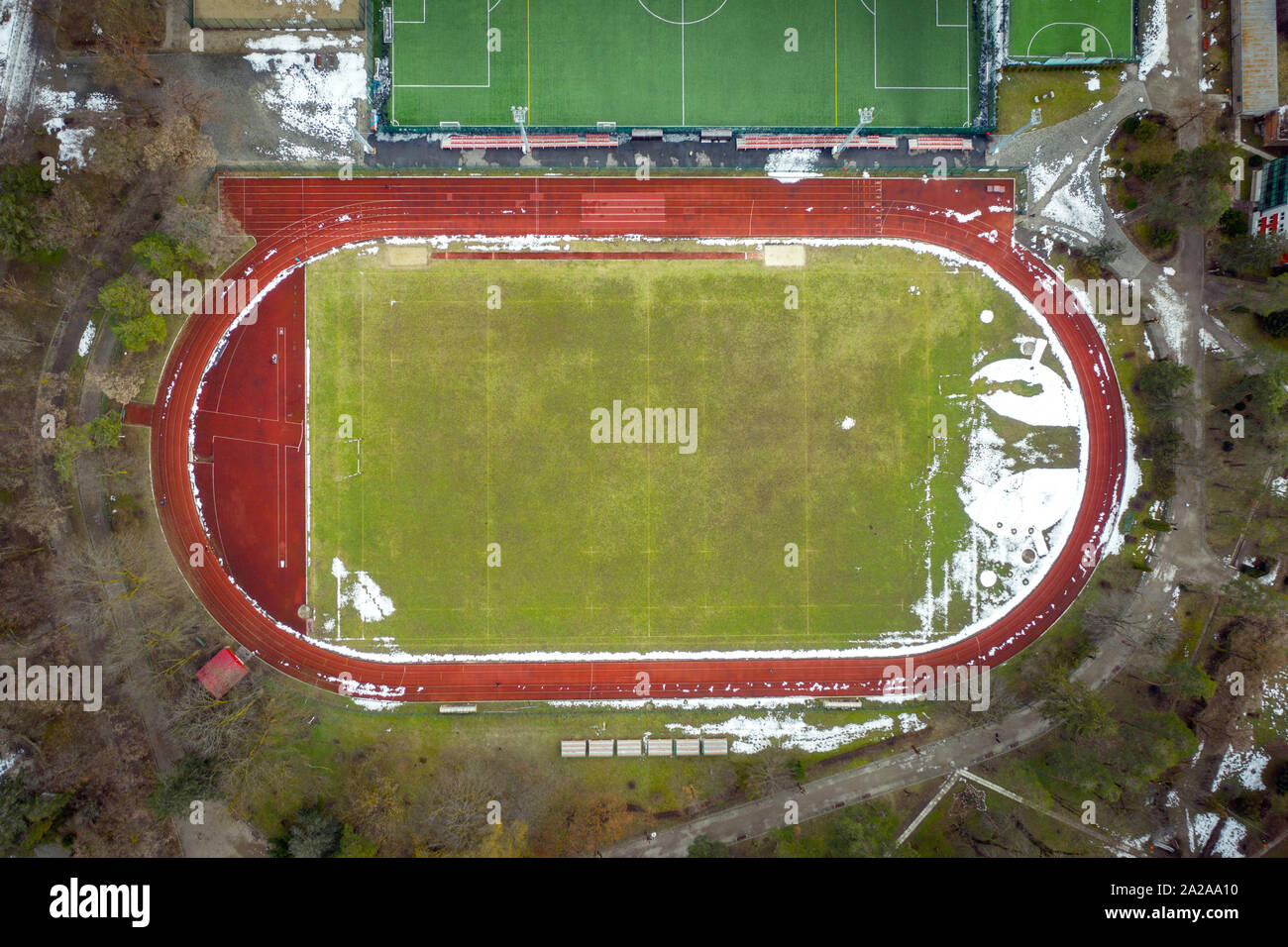 Aerial view of athletics and soccer field from a drone Stock Photo - Alamy