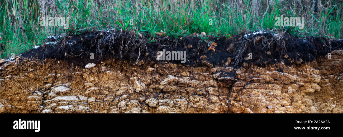 Soil cut-sandstone, stones, clay, sand structure and layers. slice of ...