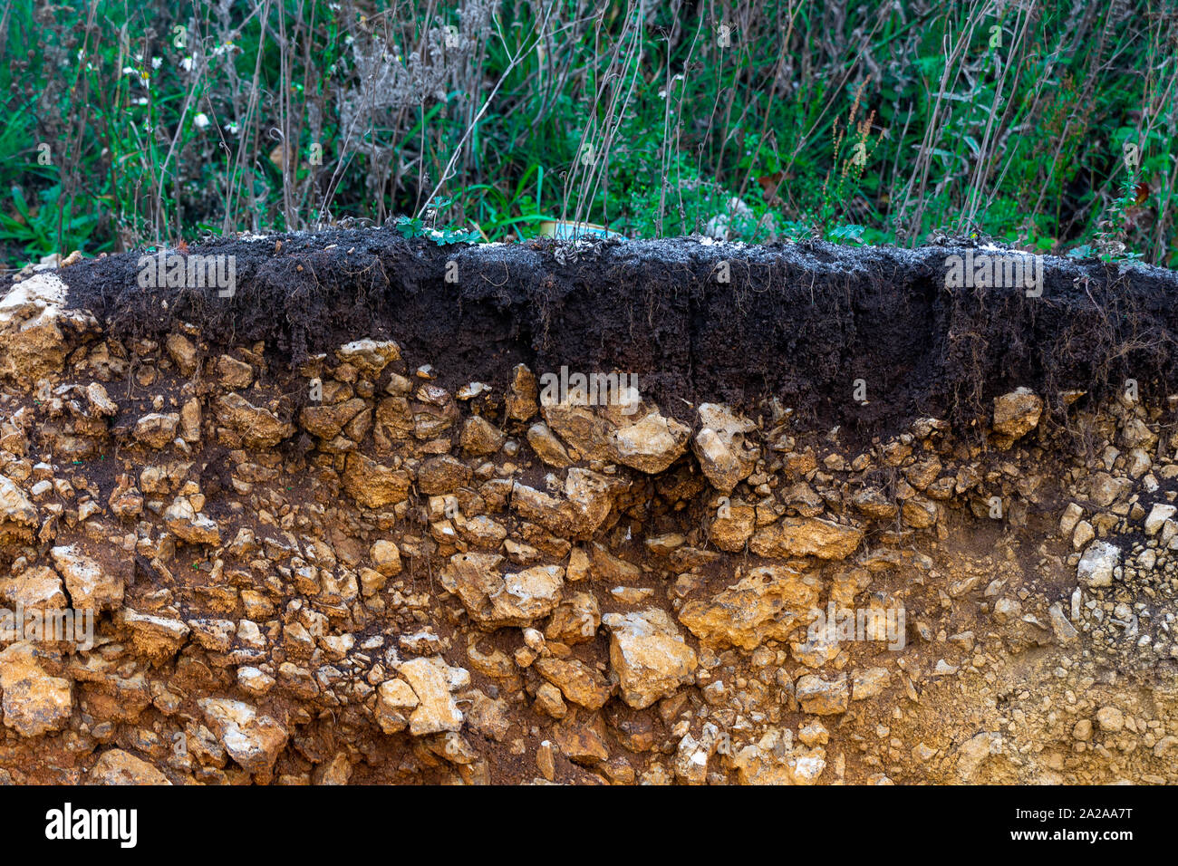 Soil cut-sandstone, stones, clay, sand structure and layers. slice of ...