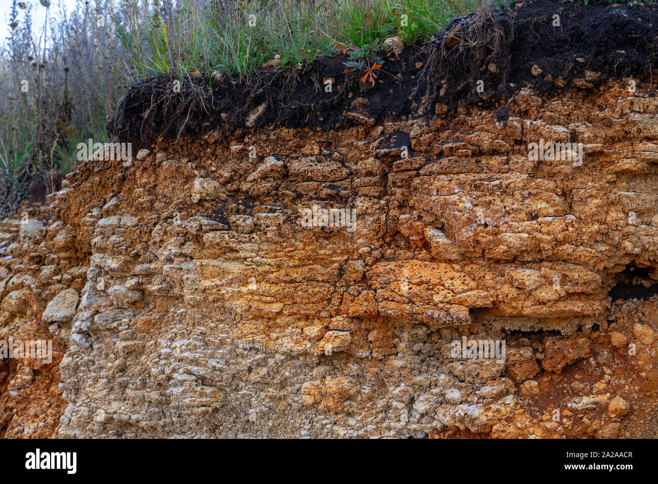 Soil cut-sandstone, stones, clay, sand structure and layers. slice of ...