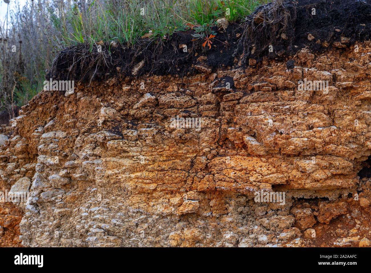 Soil cut-sandstone, stones, clay, sand structure and layers. slice of ...