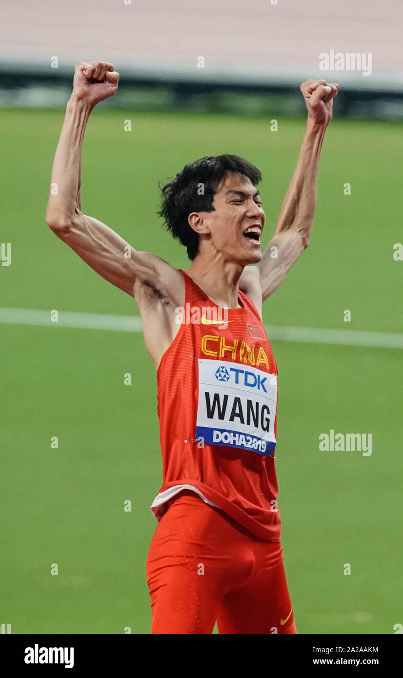Doha, Qatar. 1st Oct, 2019. Wang Yu of China reacts during the men's ...
