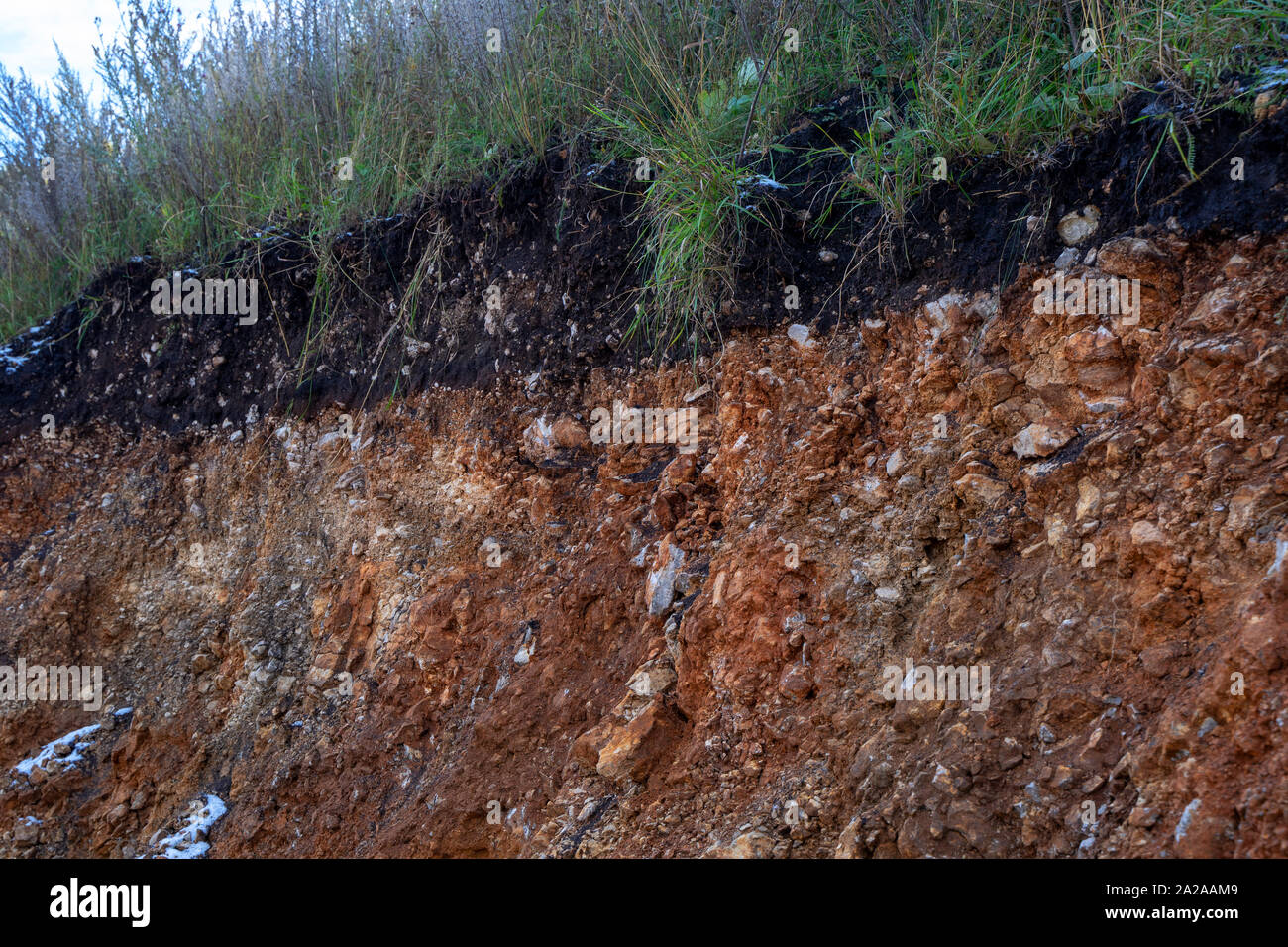 Soil cut-sandstone, stones, clay, sand structure and layers. slice of ...