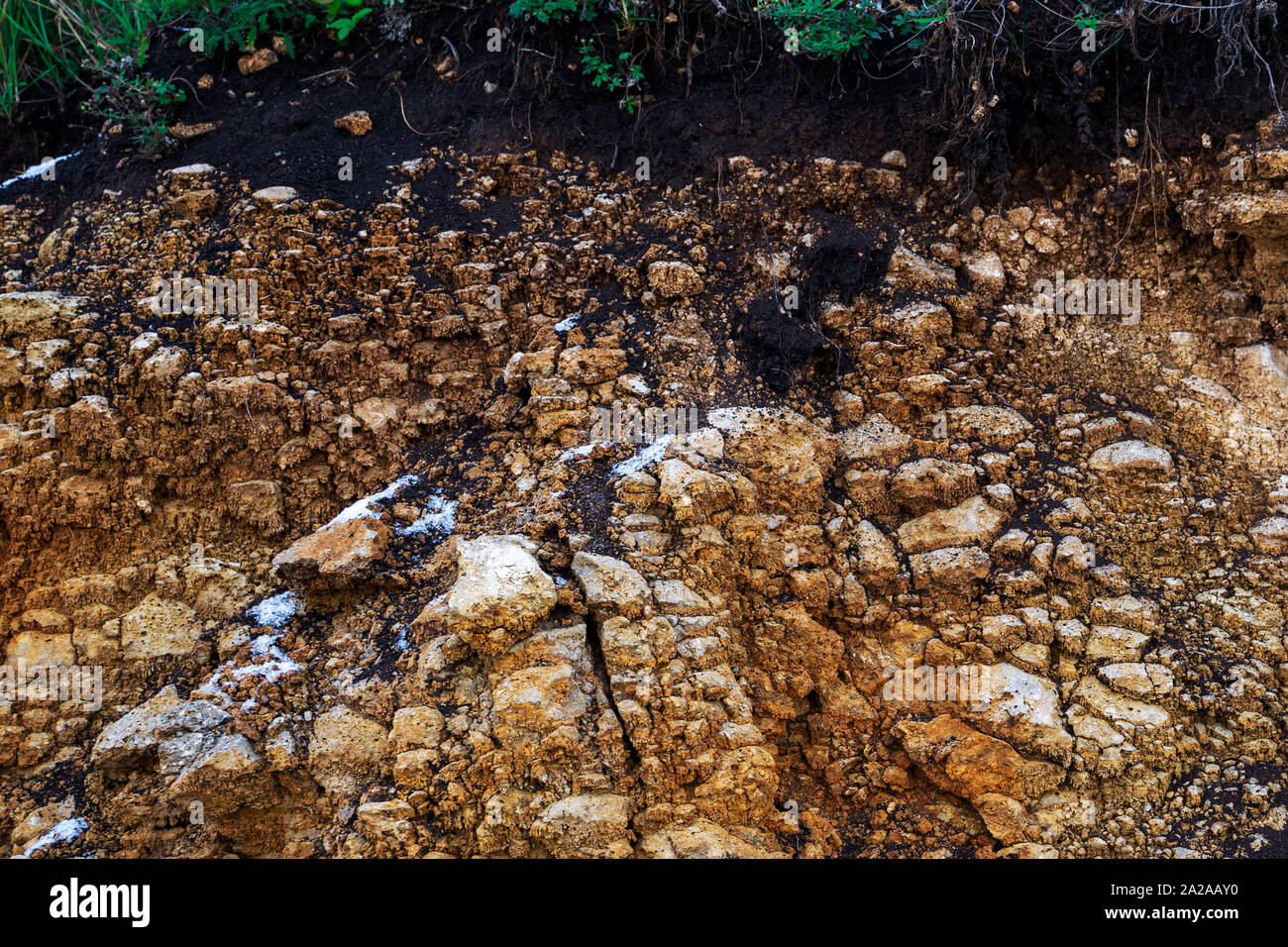 The curb erosion from storms. To indicate the layers of soil and rock ...