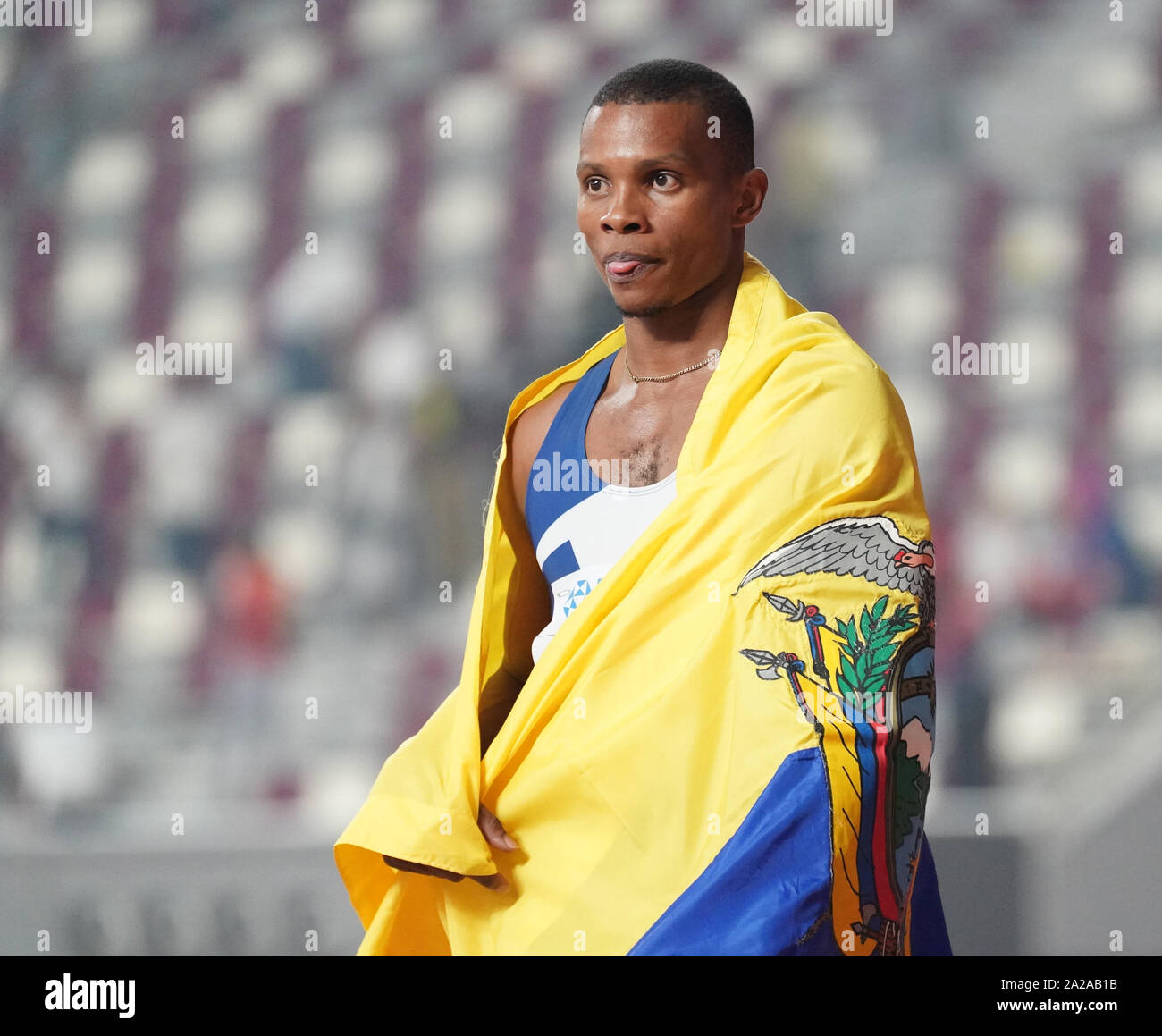 Doha, Qatar. 1st Oct, 2019. Alex Quinonez of Ecuador celebrates after ...