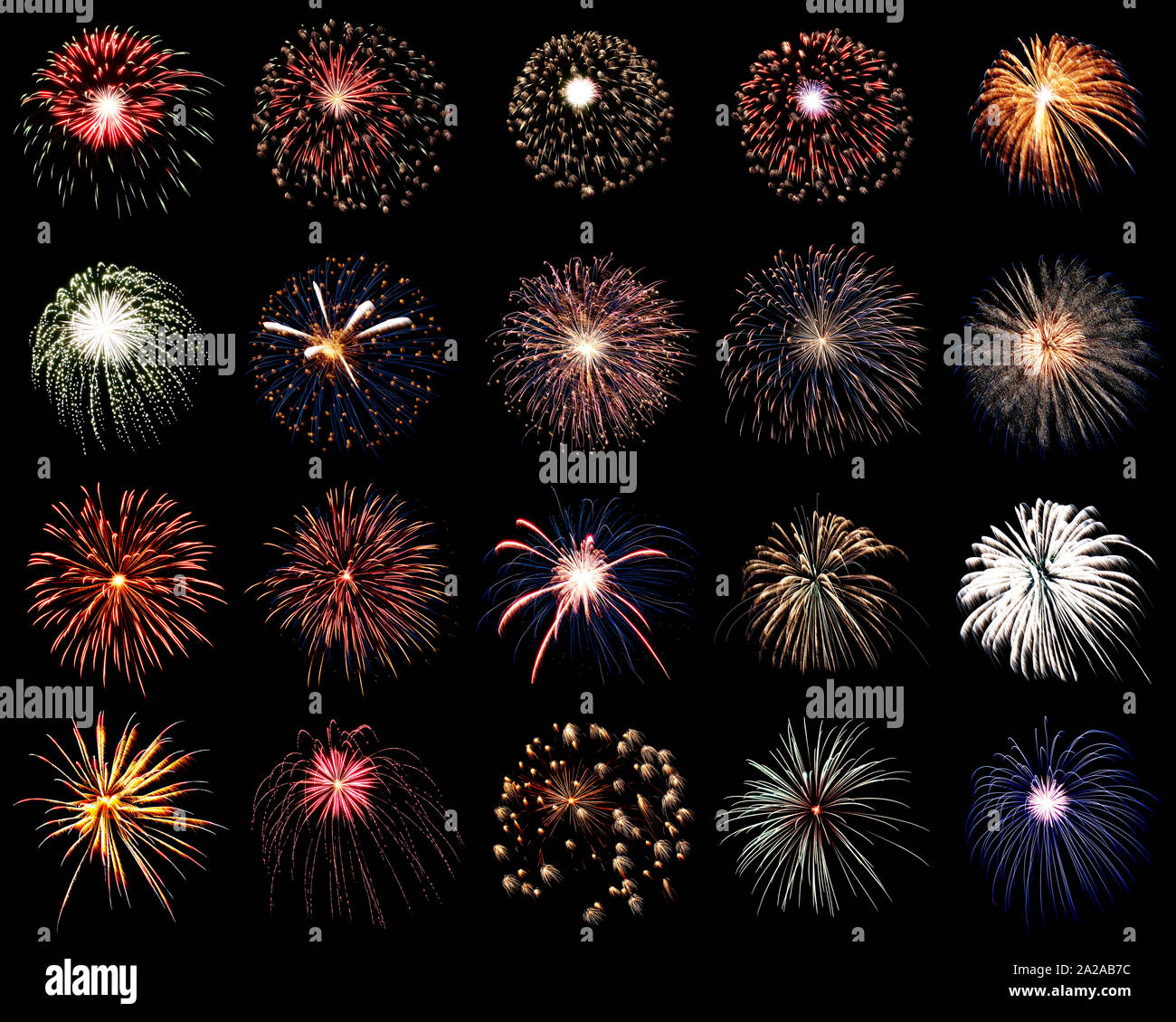 Collection of different colorful festive fireworks. Single shots Stock ...