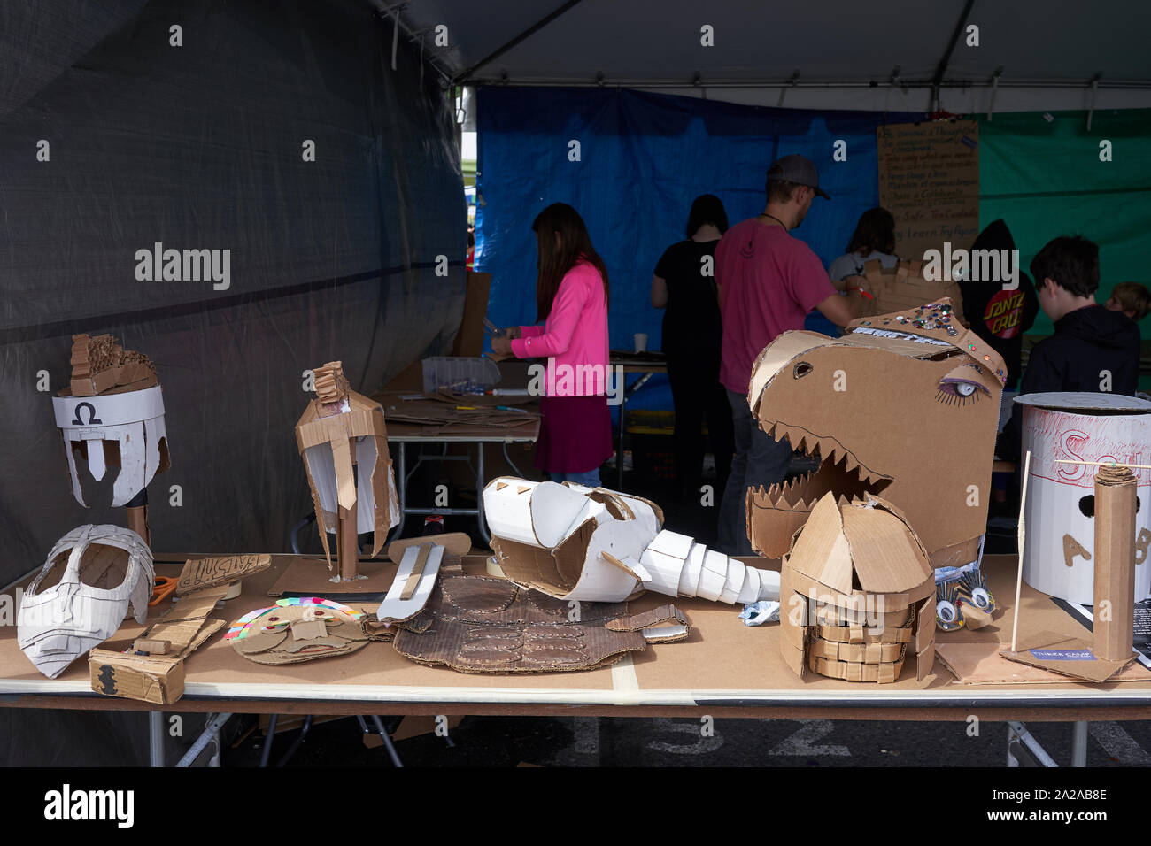 Assorted cardboard crafts is seen on display in a handcraft workshop in ...