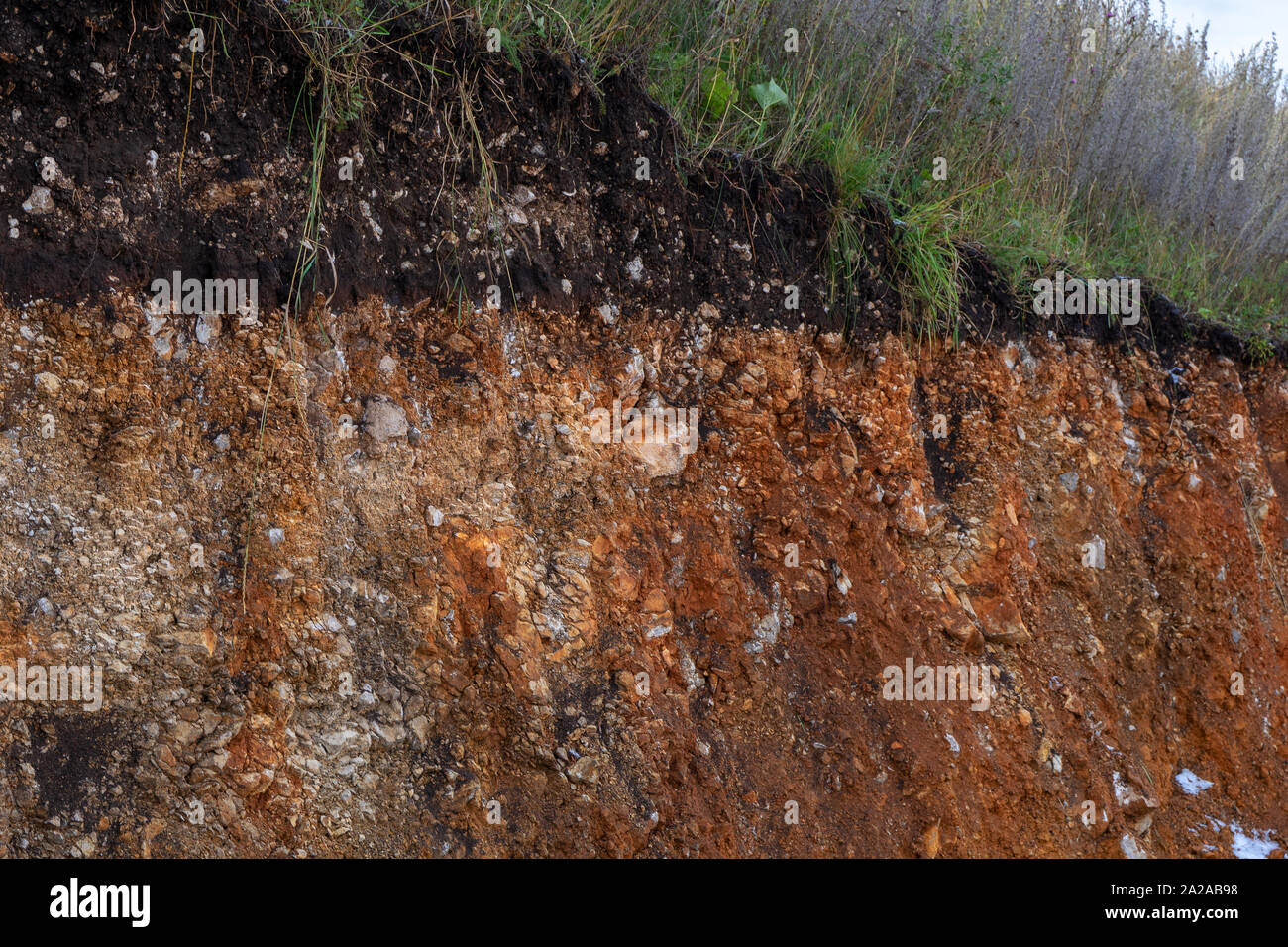 The curb erosion from storms. To indicate the layers of soil and rock ...