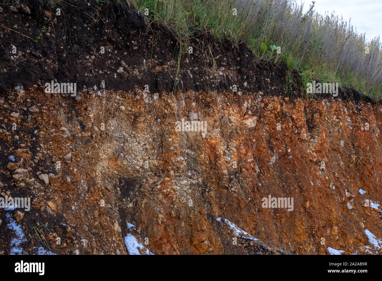 The curb erosion from storms. To indicate the layers of soil and rock ...