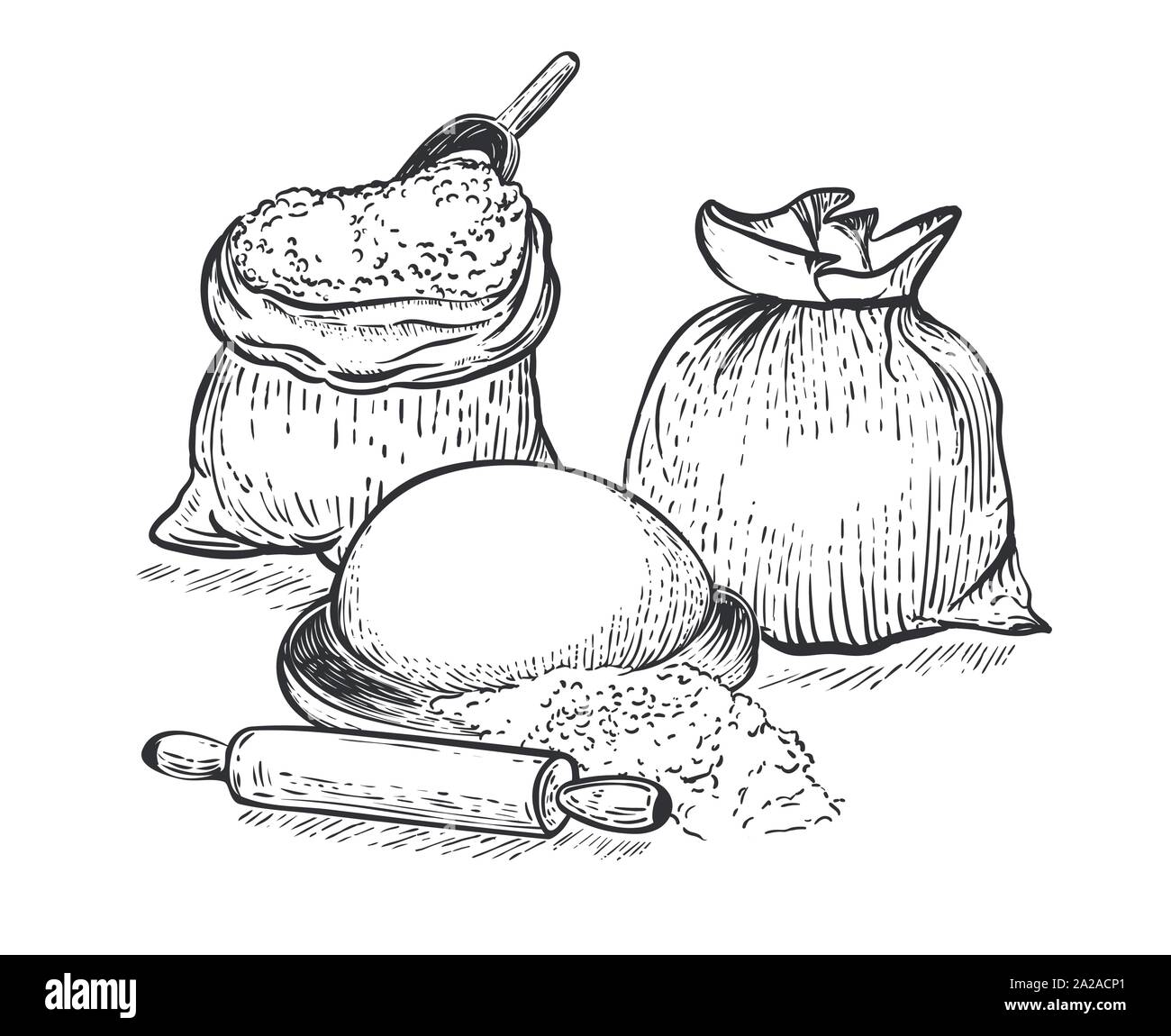 Two bag of burlap with flour scoop and dough on white background. Hand ...