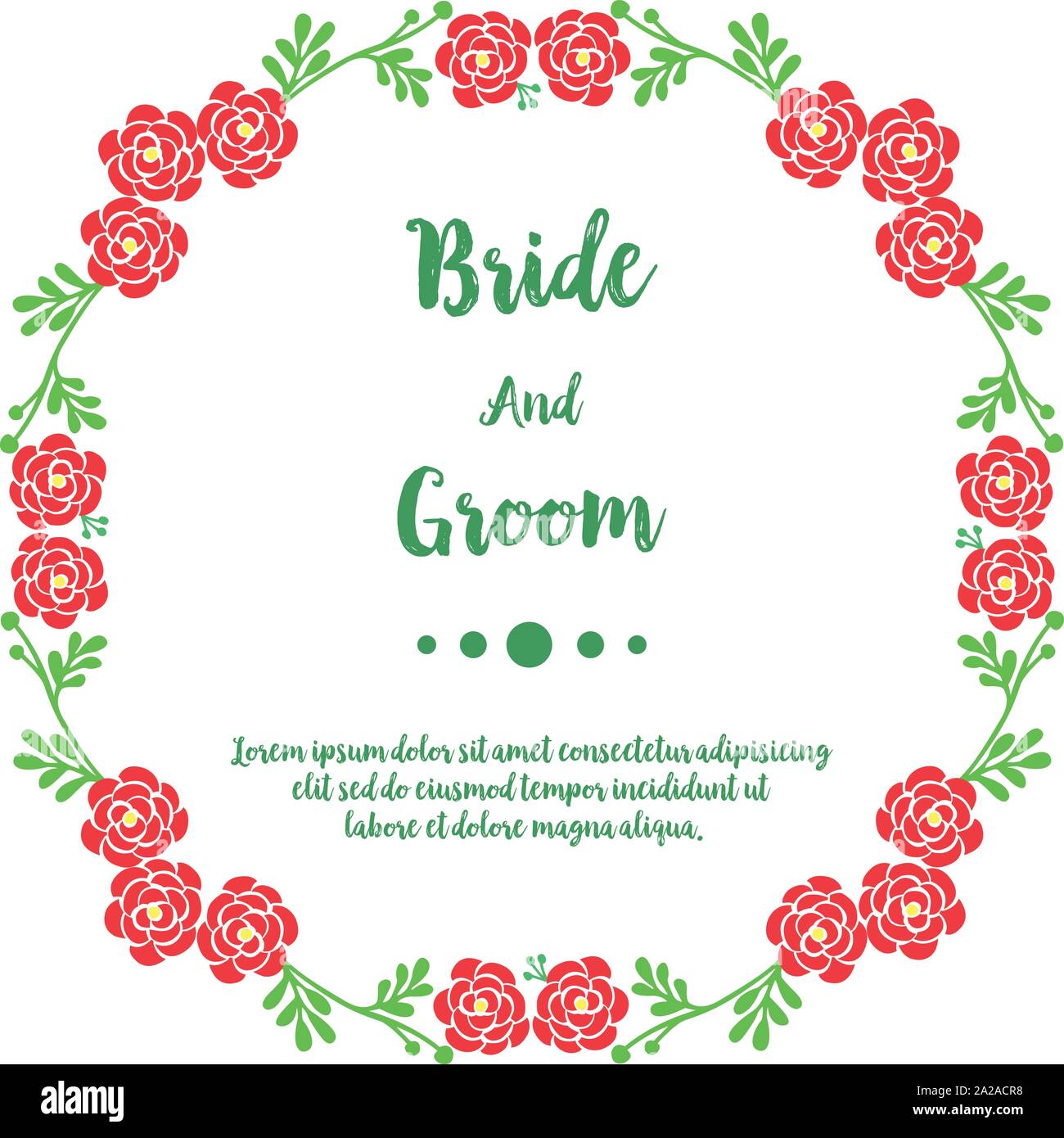 Handwritten text of bride and groom, with elegant green leaf flower ...
