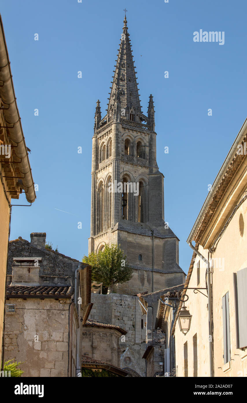 Bell tower of Monolithic Church in Saint Emilion. France. St Emilion is ...
