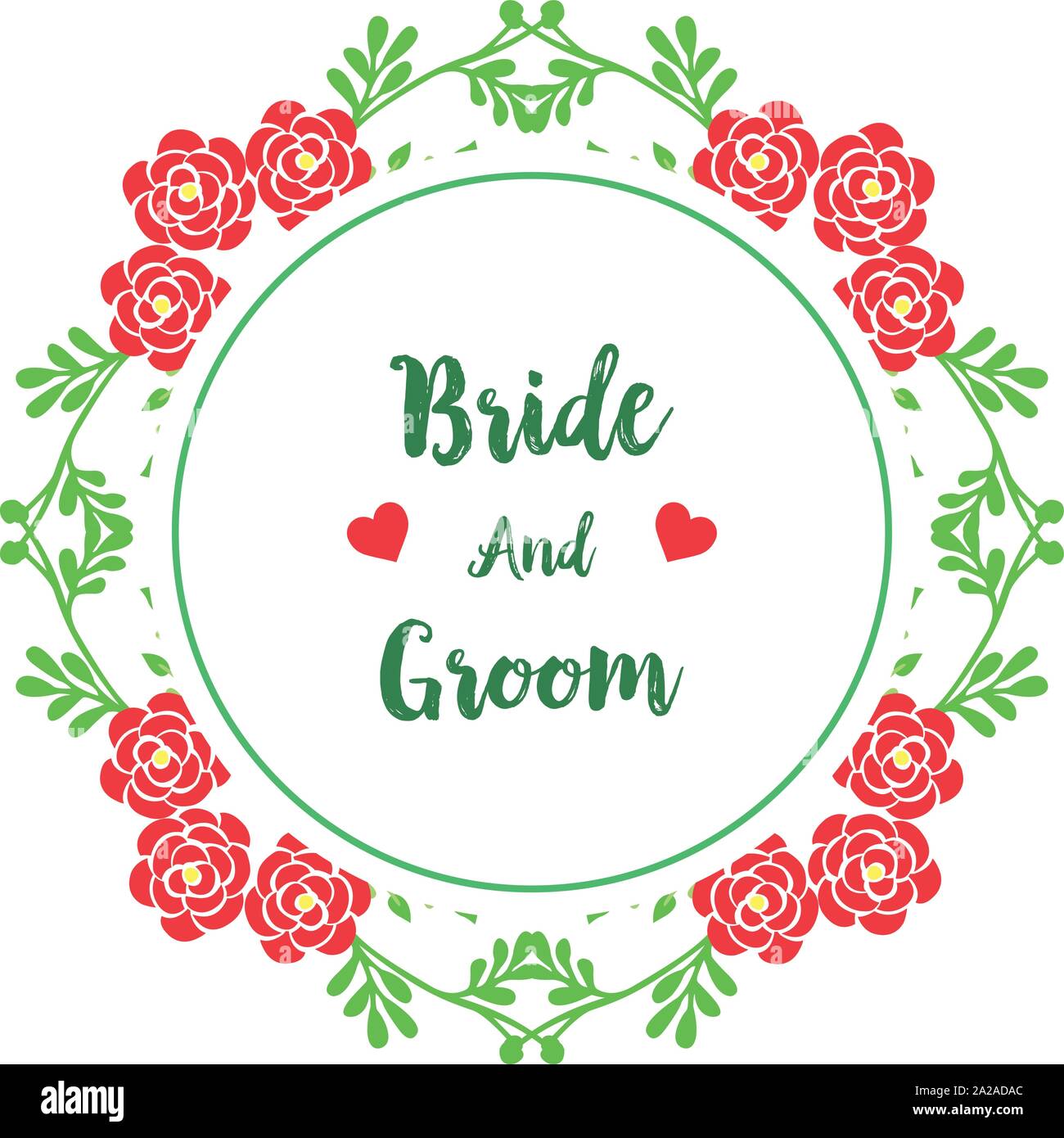 Lettering of bride and groom, with texture of green leafy flower frame ...