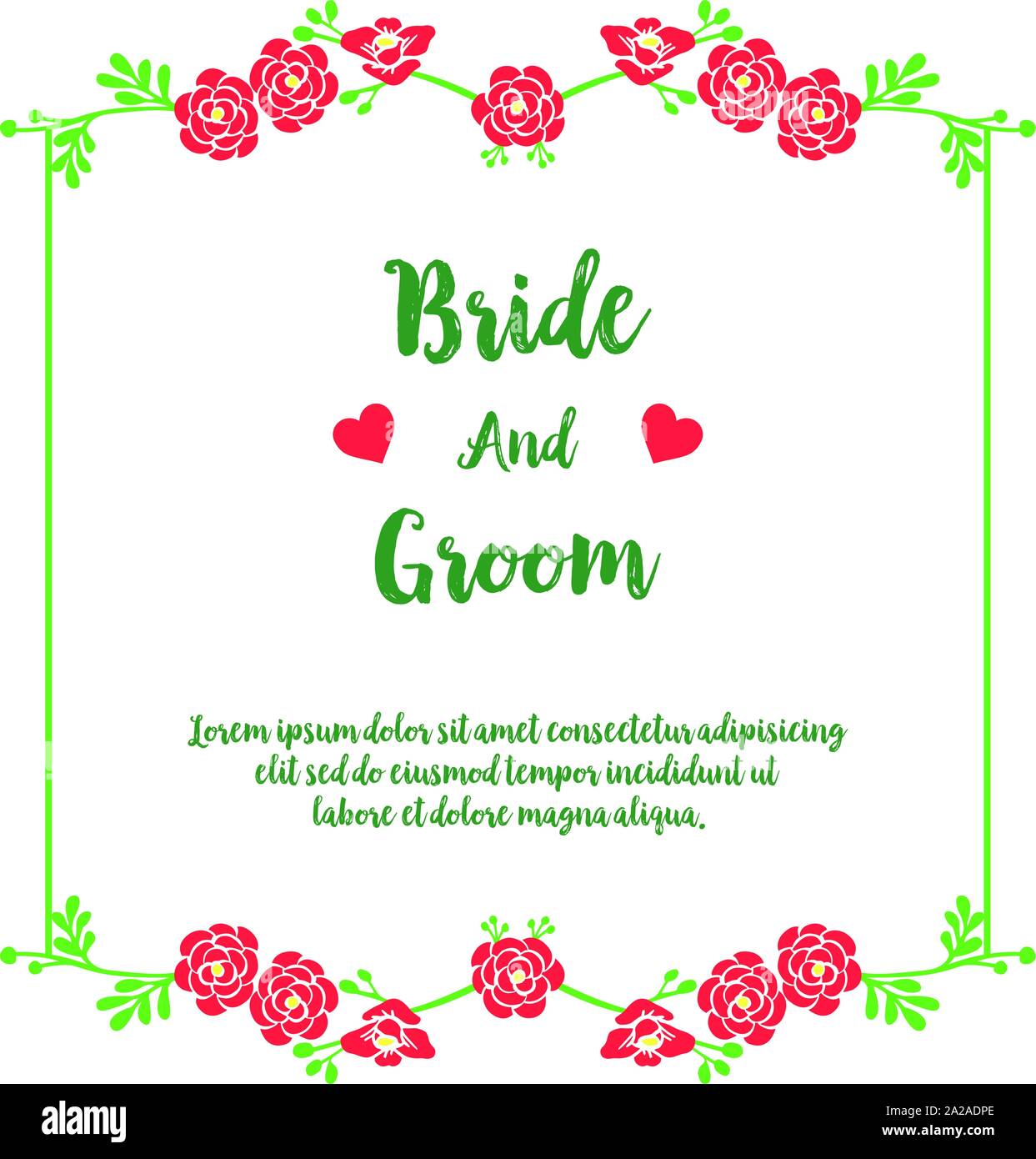Handwritten text of bride and groom, with elegant green leaf flower ...
