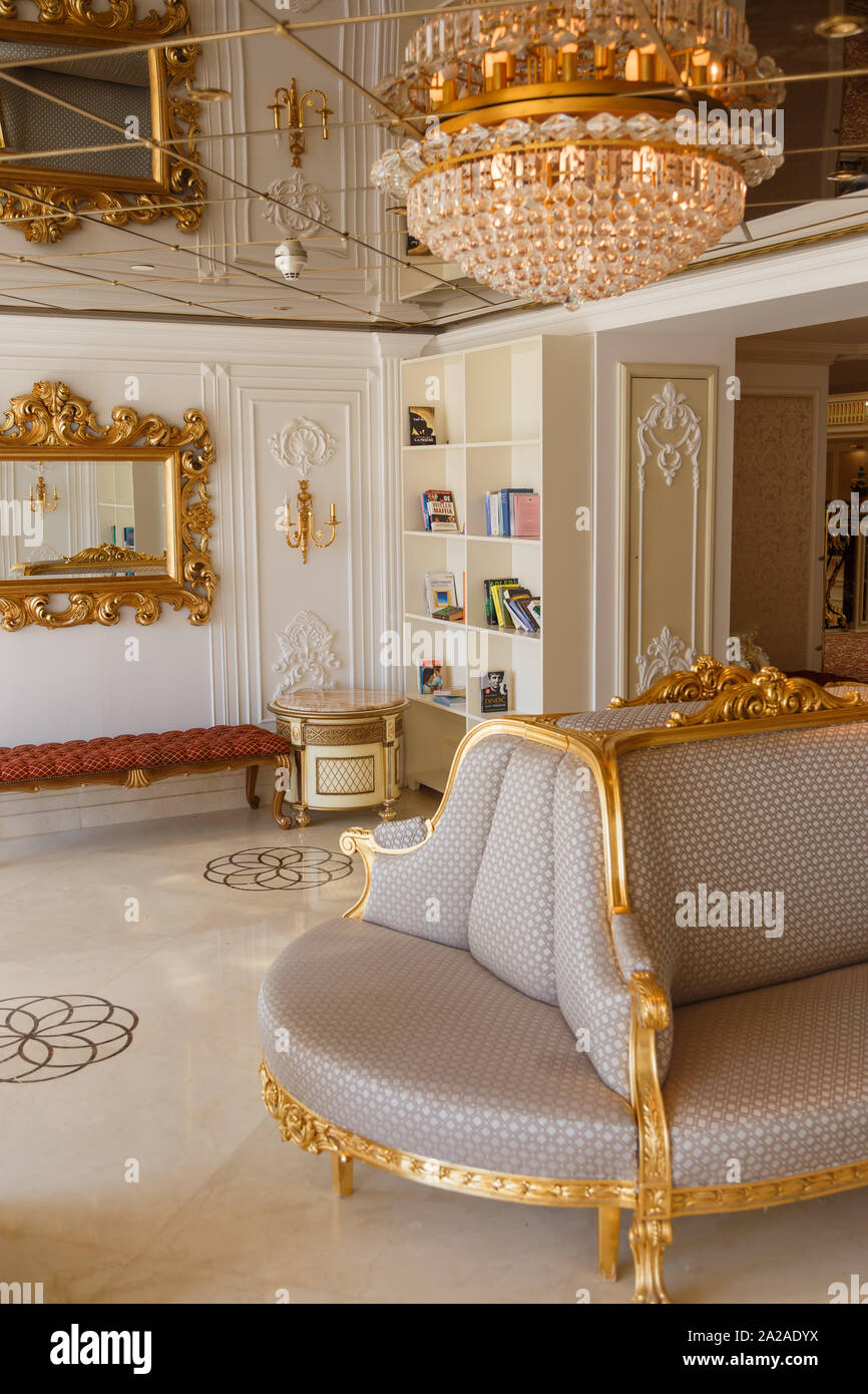 ANTALYA, TURKEY - SEPTEMBER 12, 2019: Luxury Interior of reading room ...