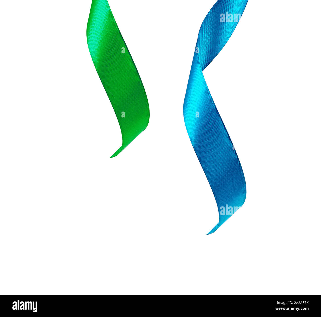 two satin ribbons isolated on white background, textile decor twisted ...