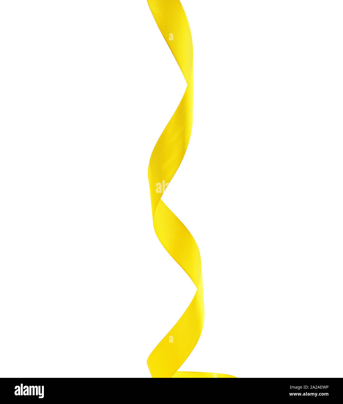 curled yellow satin ribbon isolated on white background, festive ...