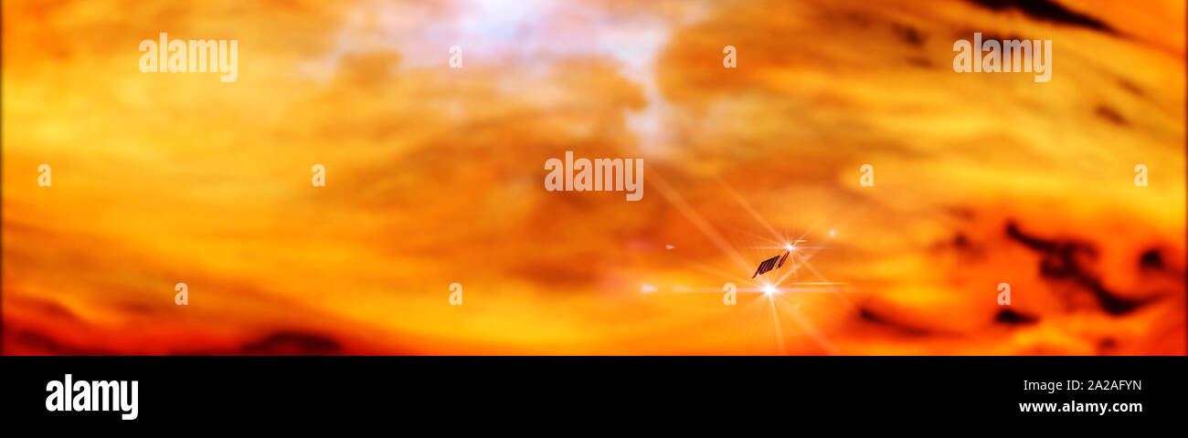 Small space probe orbiting a massive gas giant with storms and clouds ...