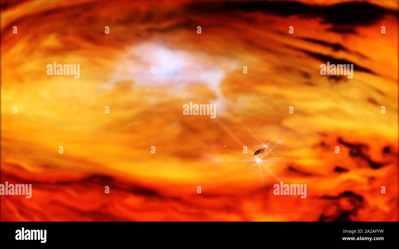 Small space probe orbiting a massive gas giant with storms and clouds ...