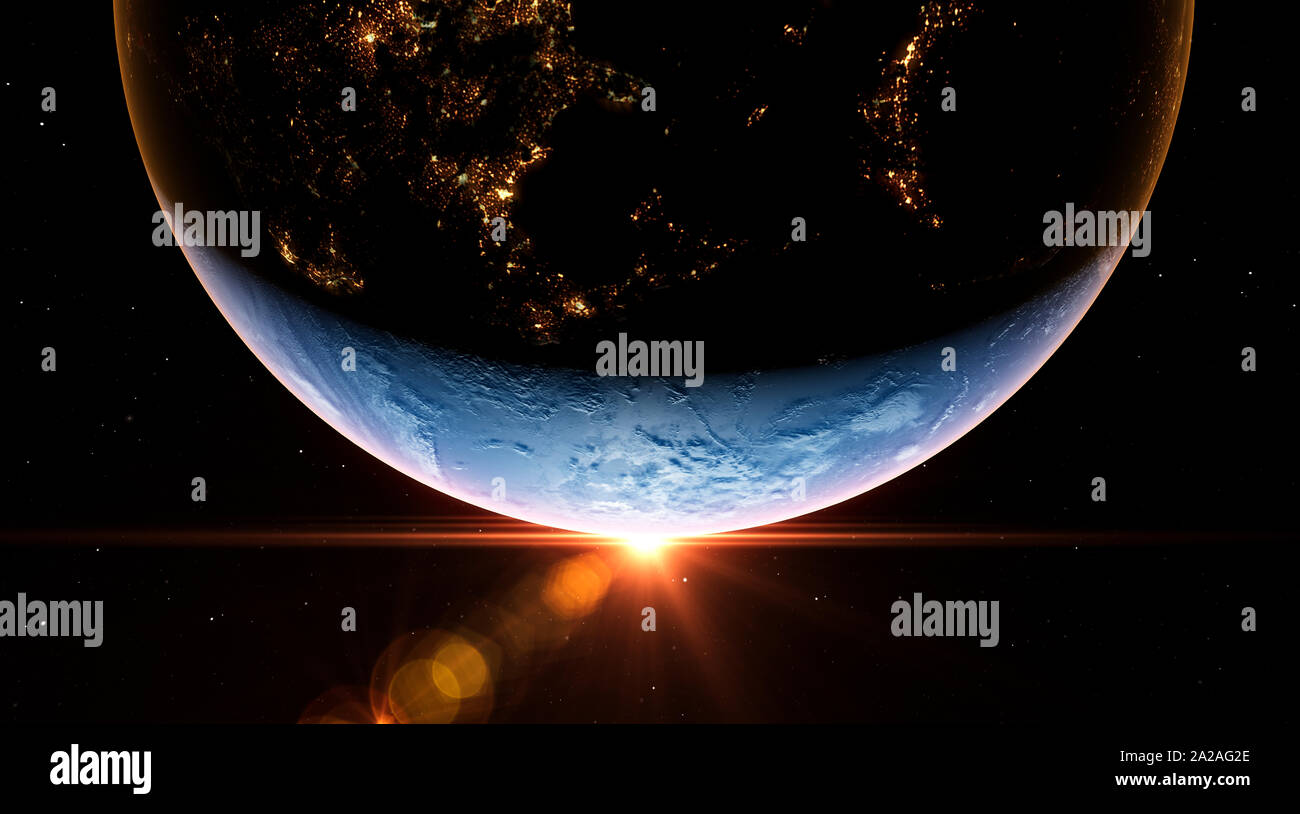 Sunrise in space over the planet Earth with a vibrant sun Stock Photo ...
