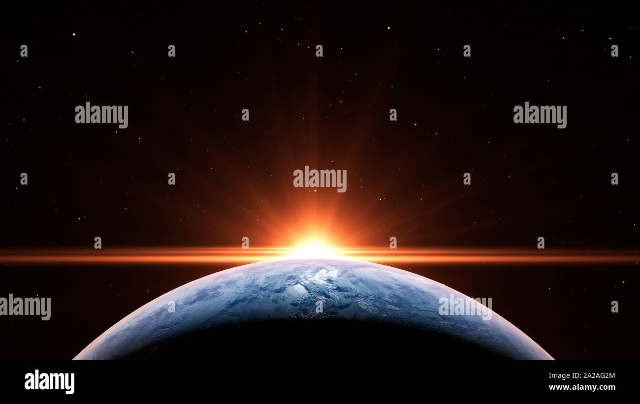 Sunrise in space over the planet Earth with a vibrant sun Stock Photo ...
