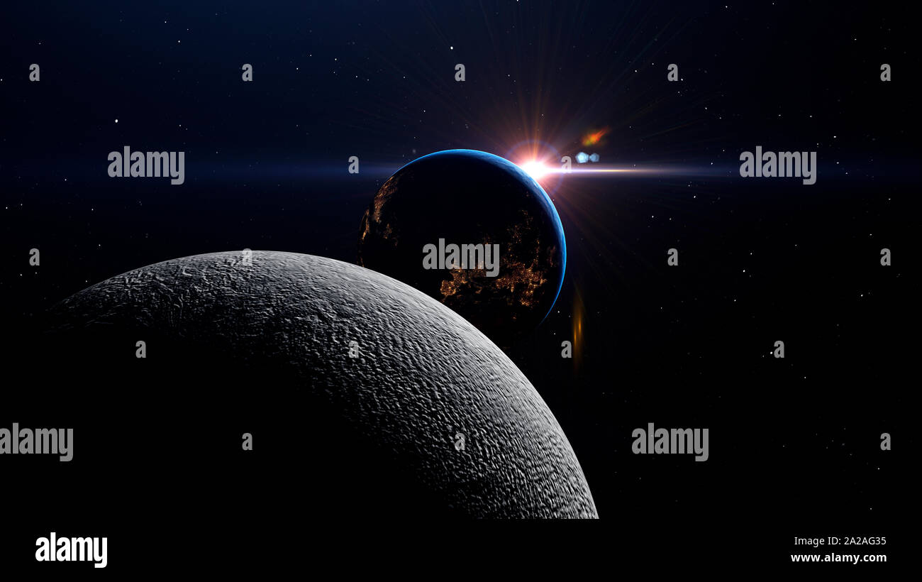 Conceptual luna eclipse in space with the sun earth and moon in ...