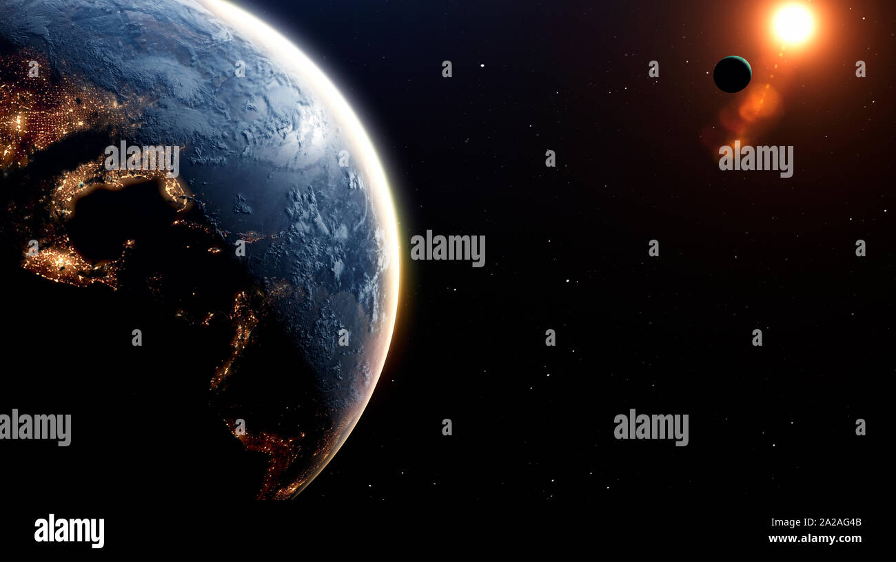 Sunrise in space over the planet Earth with a vibrant sun Stock Photo ...