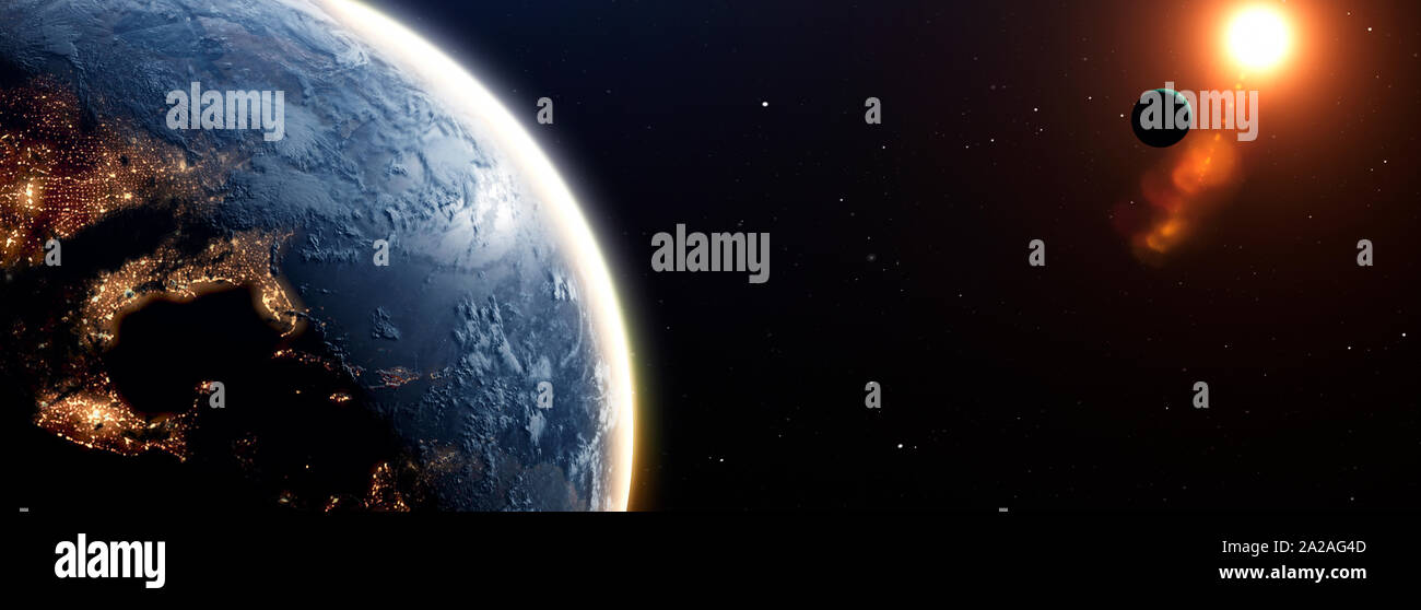 Sunrise in space over the planet Earth with a vibrant sun Stock Photo ...